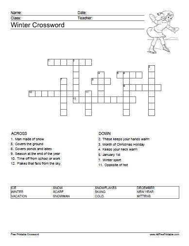 Winter Crossword Puzzle Free Printable