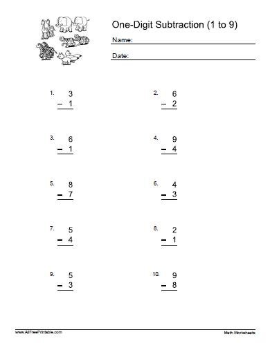 One Digit Subtraction Worksheets Free Printable