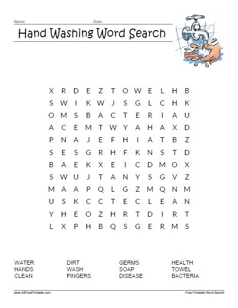 Hand Washing Word Search Free Printable