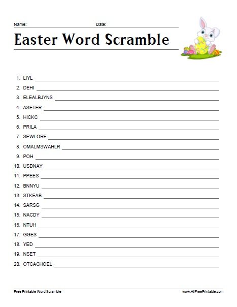Easter Word Scramble Free Printable