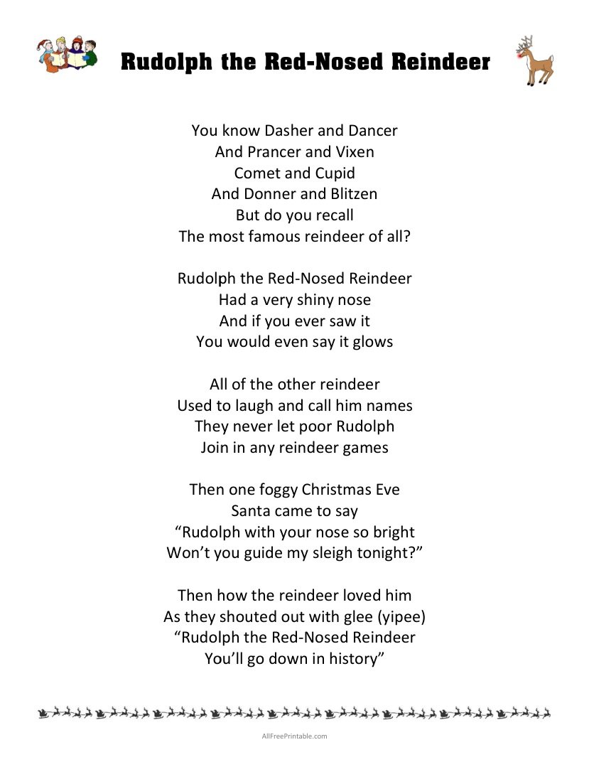 Rudolph The Red Nosed Reindeer Lyrics Free Printable