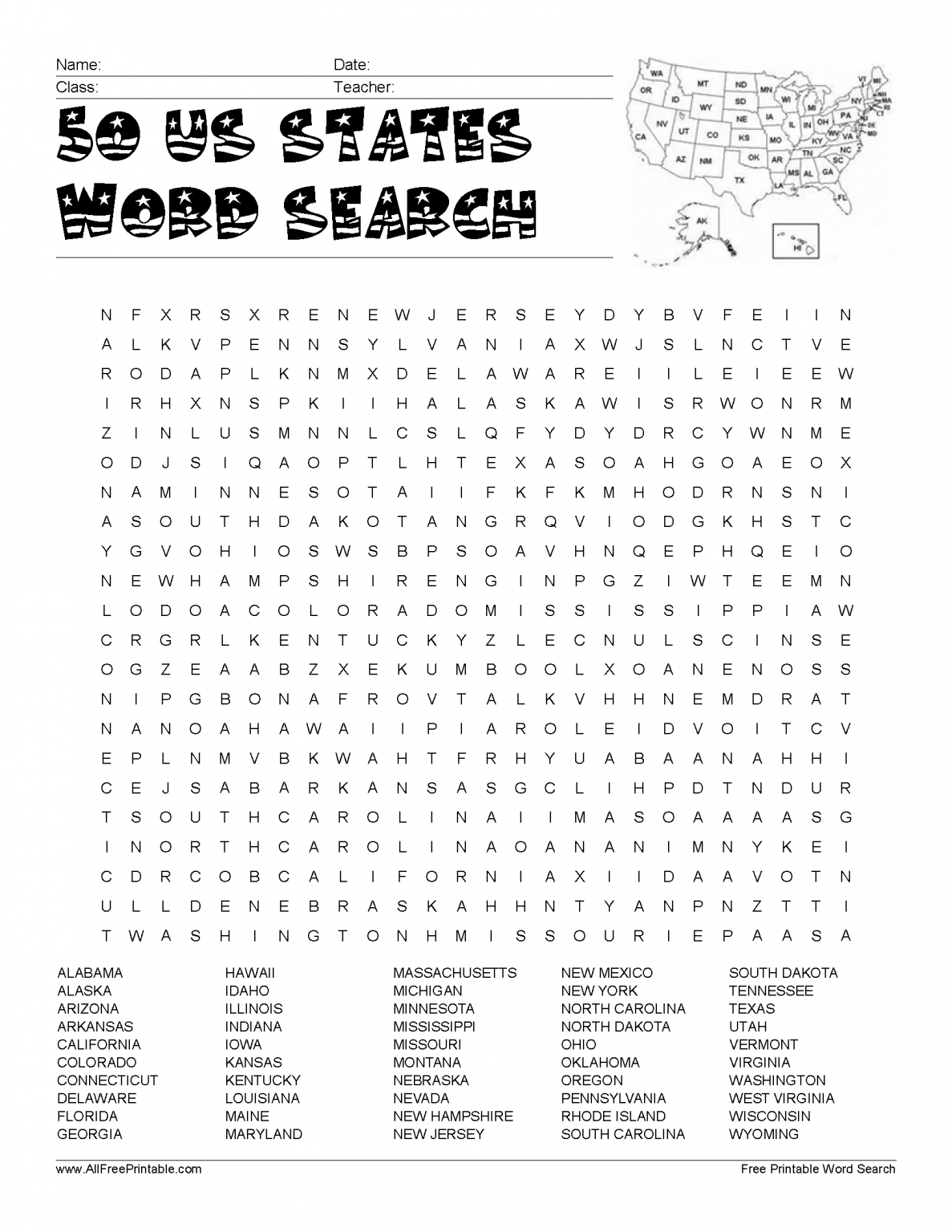 All Free Printables 50 Us States Word Search - Word Search Maker